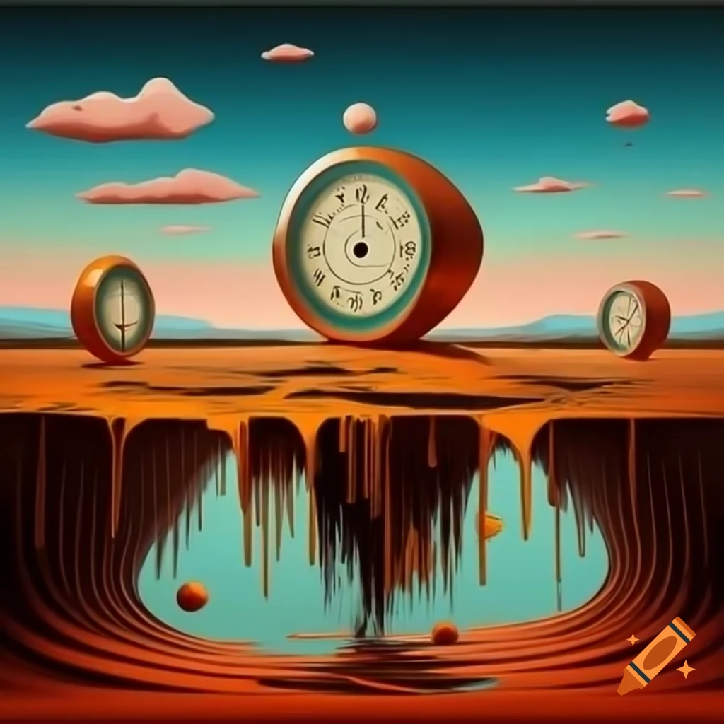 Surreal painting with melting clocks over distorted landscapes on Craiyon