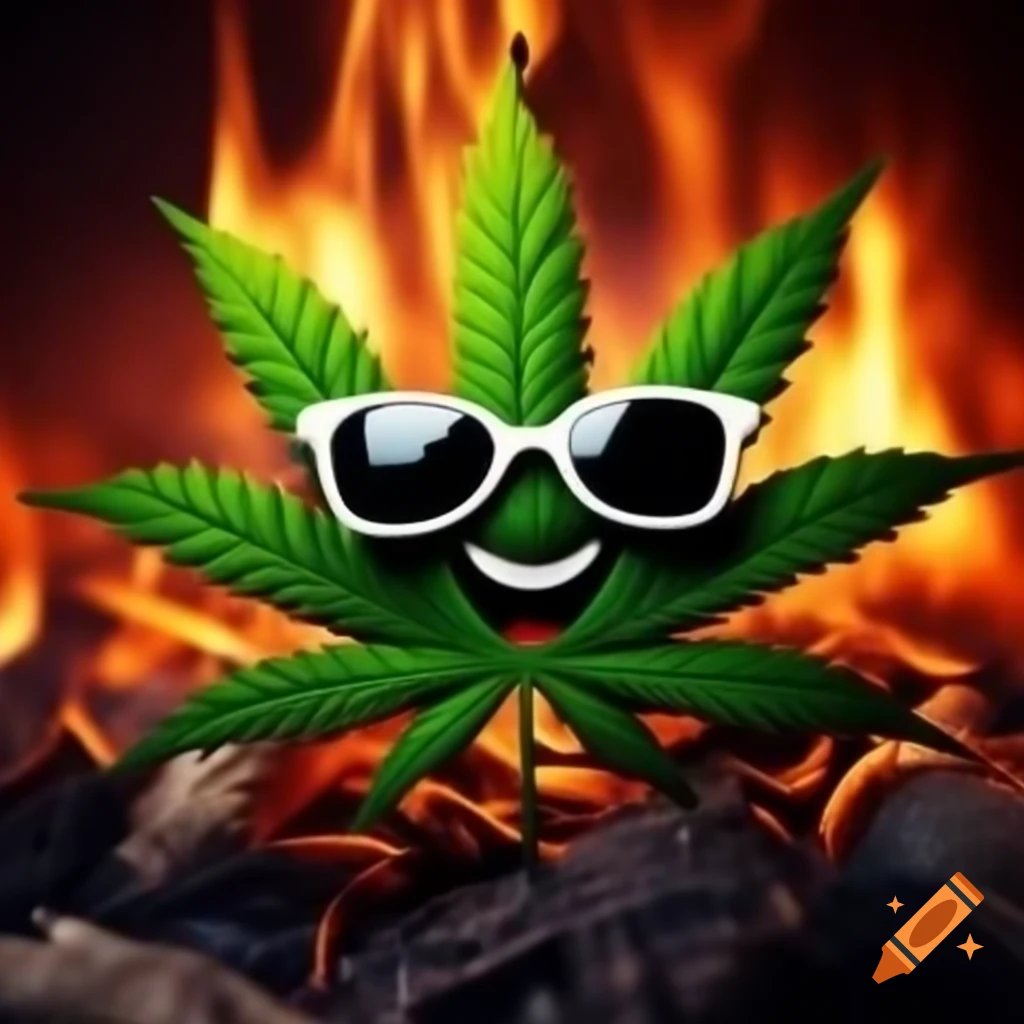Marijuana leaf with sunglasses smiling surrounded by flames on Craiyon