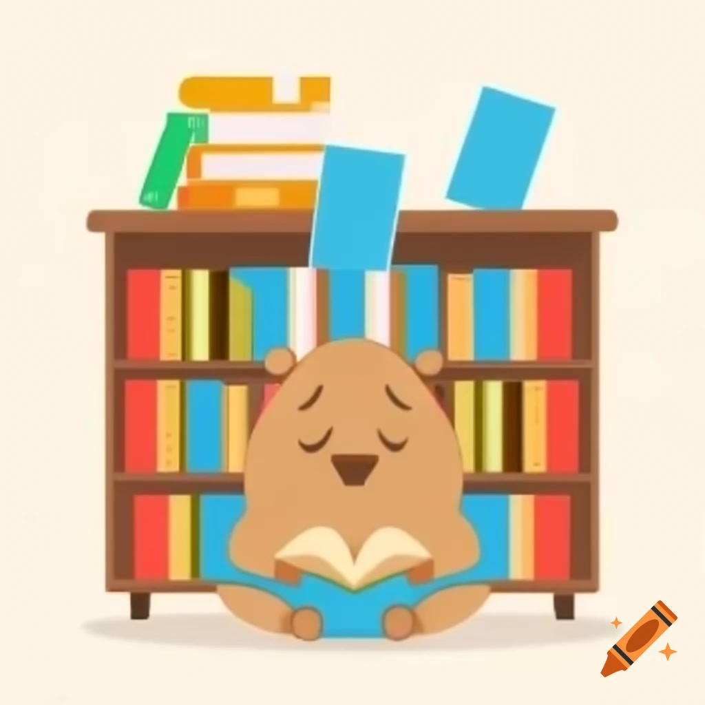 Cartoon capybara surrounded by books in a library, comic style on Craiyon