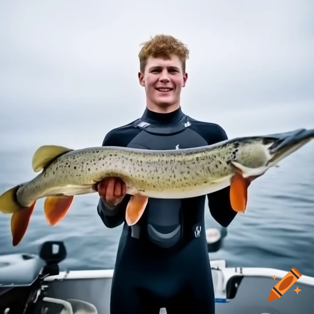 Young man in wetsuit holding pike on boat deck on Craiyon