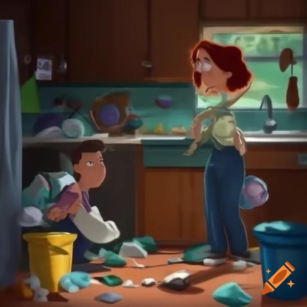 Messy kitchen with overflowing garbage and a frustrated woman with a ...