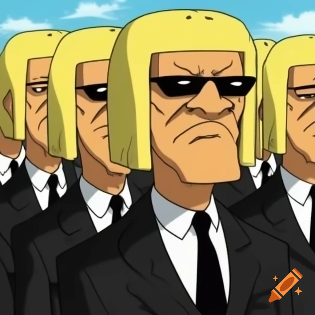 Cartoon artwork featuring characters in black suits and shades ...