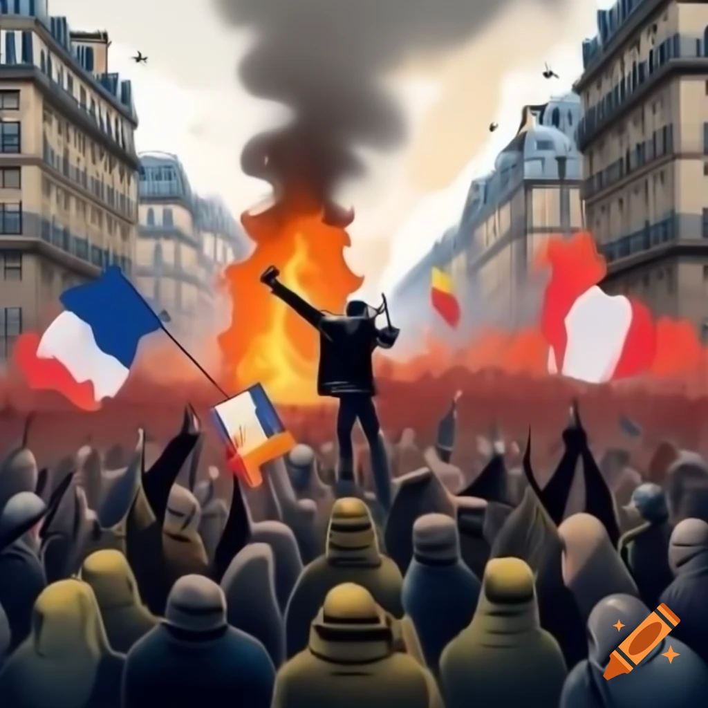 Cartoon illustration of protest scene in Paris with angry crowds and ...
