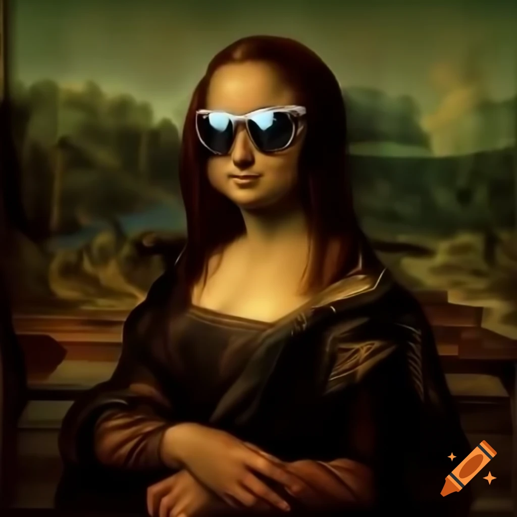 Mona Lisa cartoon portrait wearing sunglasses with text on Craiyon