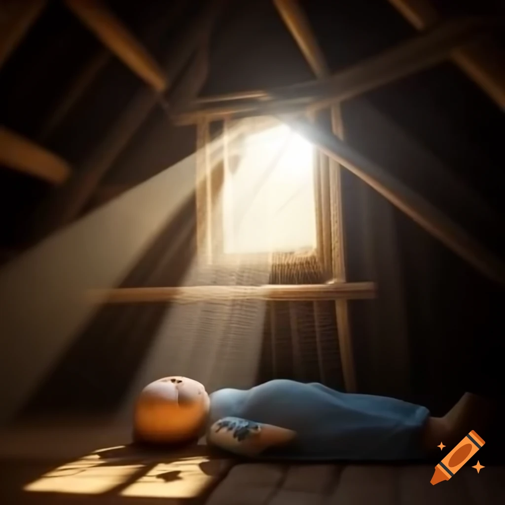 Bright dawn light in attic with dust motes, doll under dim lamp on Craiyon