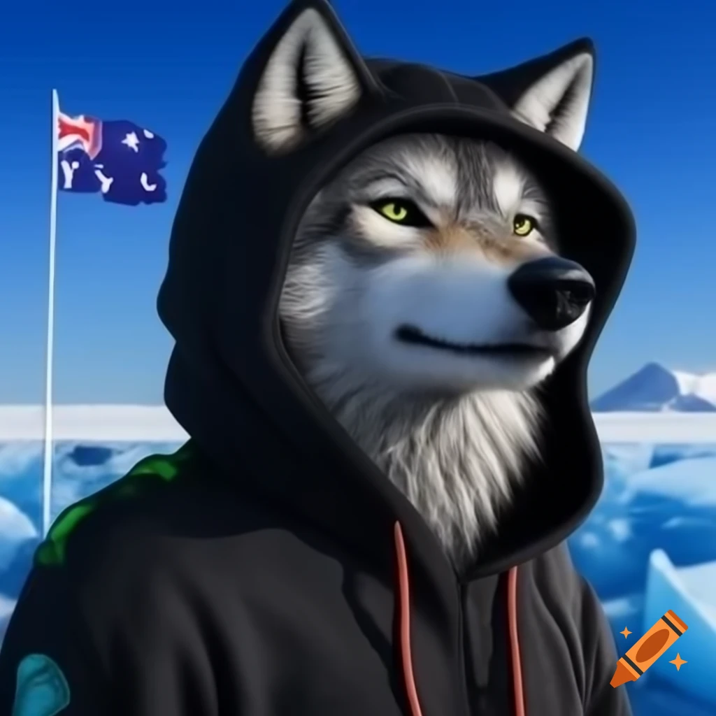 Arctic wolf in black hoodie with Australian flag, breaking ice with ice ...