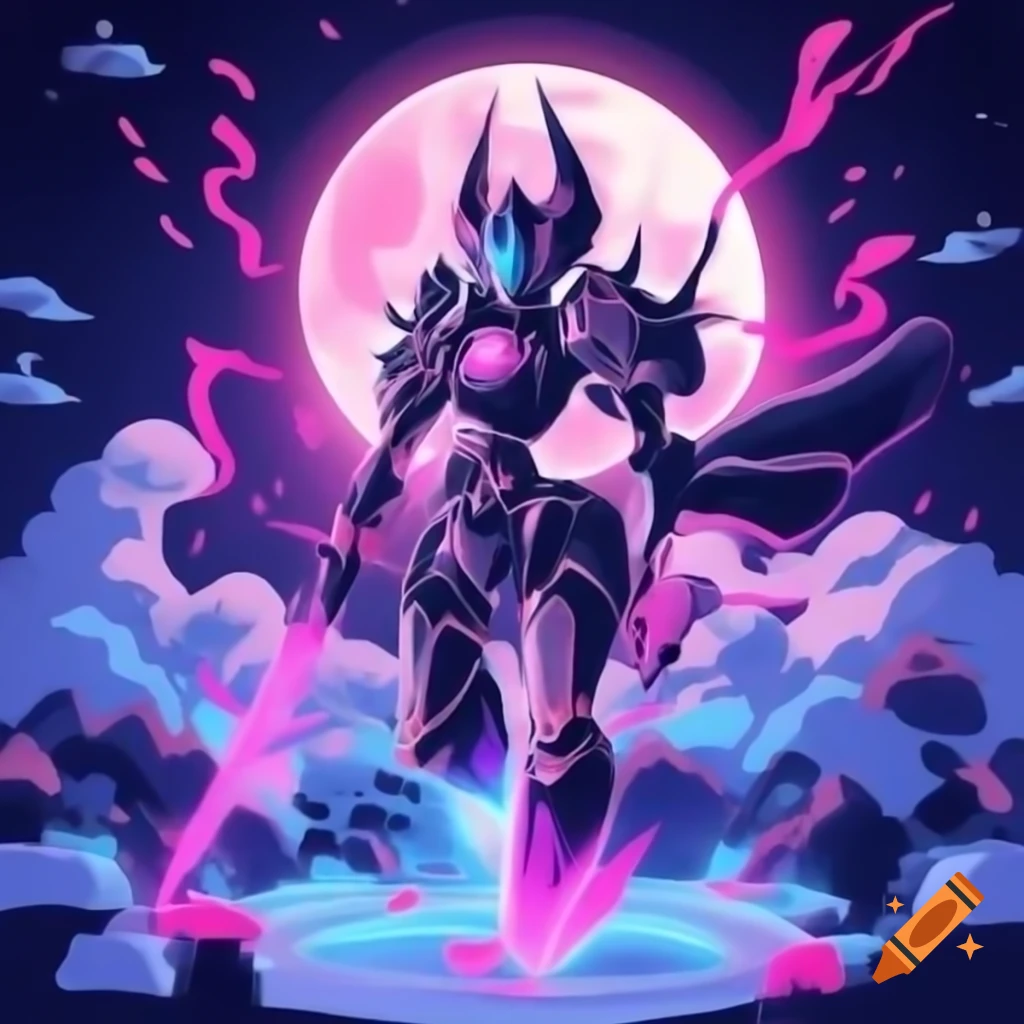 Anime siren knight in metallic armor and wizard hat flying with giant ...