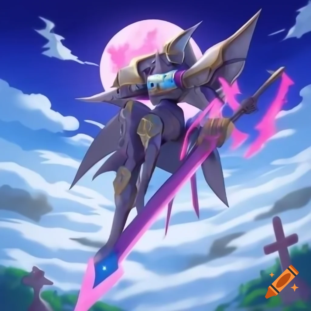 Metallic armored anime siren knight with wizard hat and giant sword ...