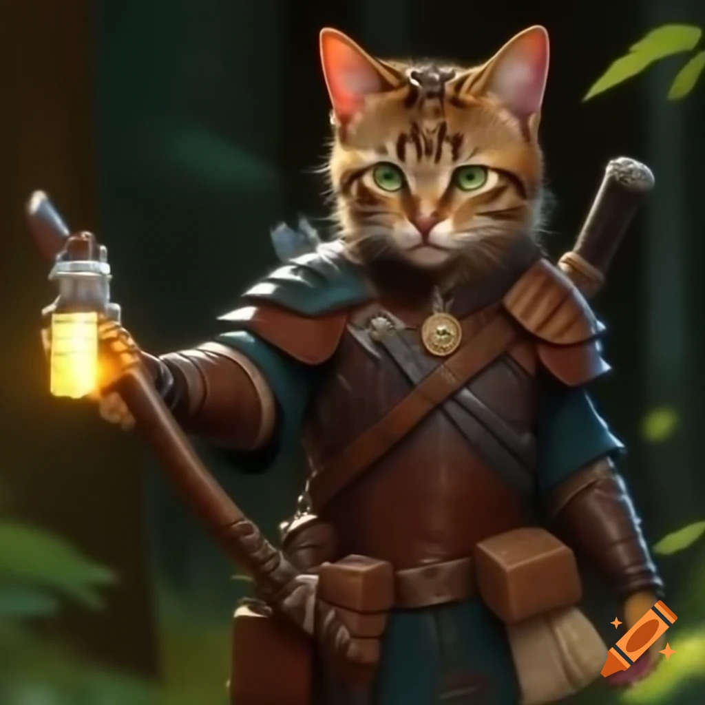 Feline ranger in leather armor with bow and rapier in forest on Craiyon