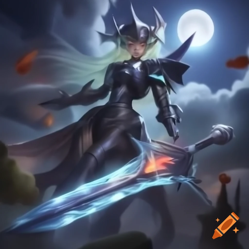 Anime siren knight in metallic armor with wizard hat wielding giant ...