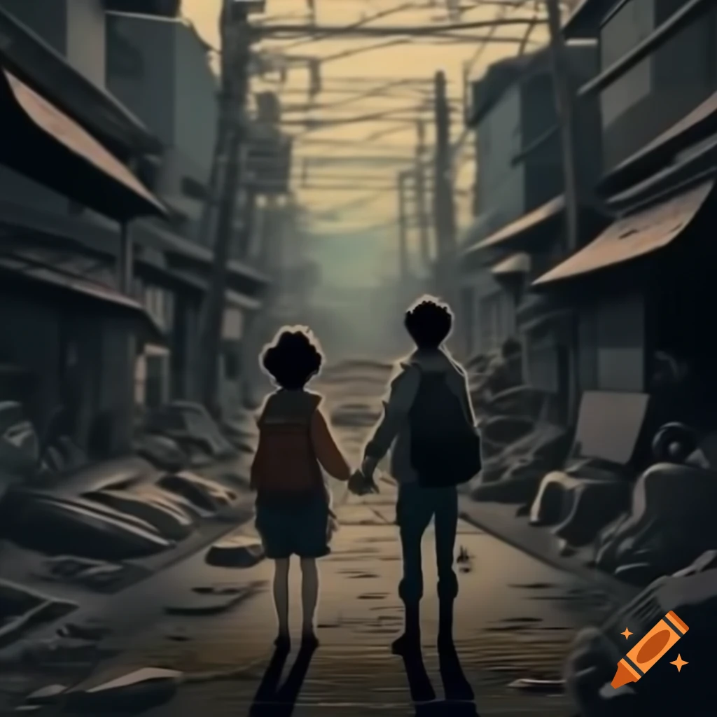 Couple holding hands in post-apocalyptic Tokyo in Studio Ghibli style ...