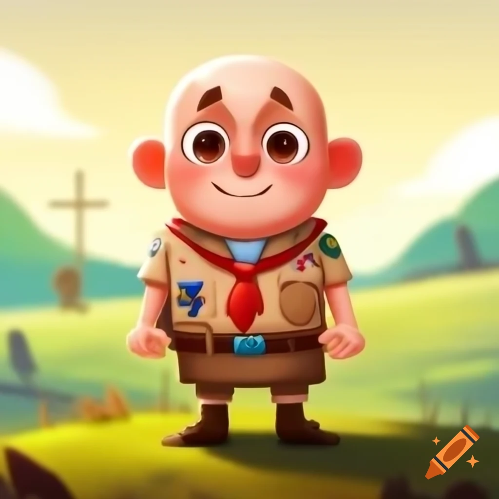 Cartoon scout priest standing on hilltop with Bible and cross on Craiyon