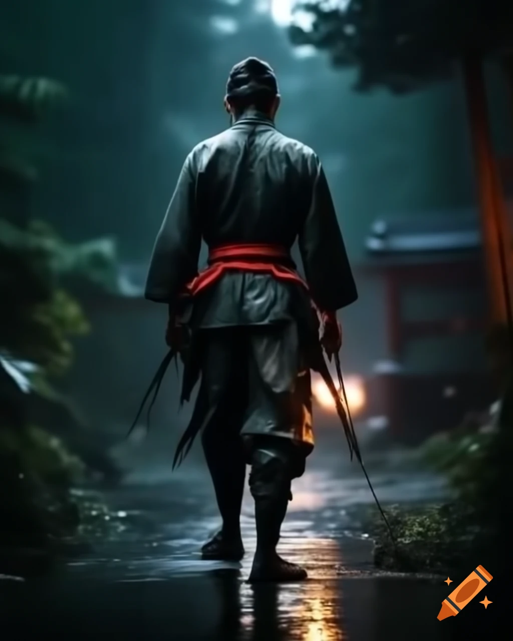 Lone samurai in rain at night in dark forest, dramatic low-key lighting, holding katana on Craiyon