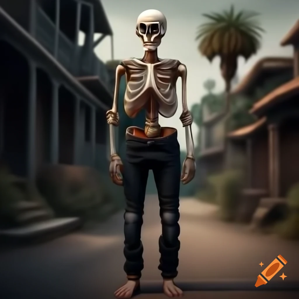 Realistic skeleton in black jeans standing on village road with palm ...