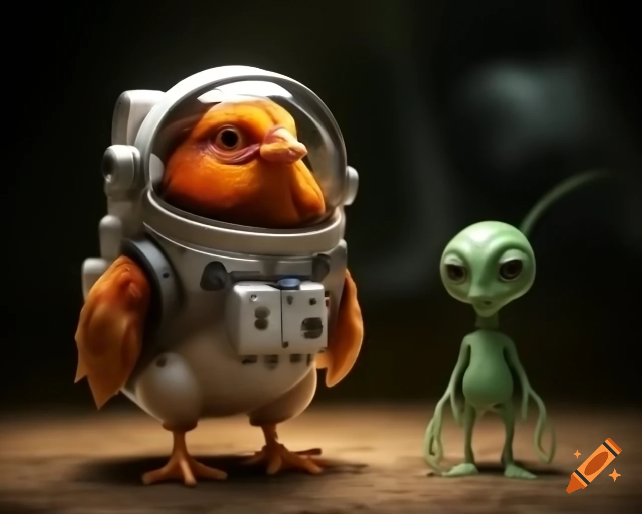 Astronaut chicken with an alien in a whimsical scene on Craiyon