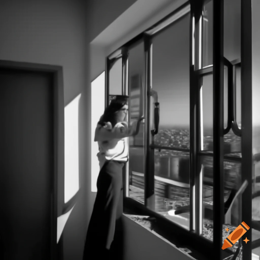 Skyscraper with woman in secretary attire looking out window with tears ...