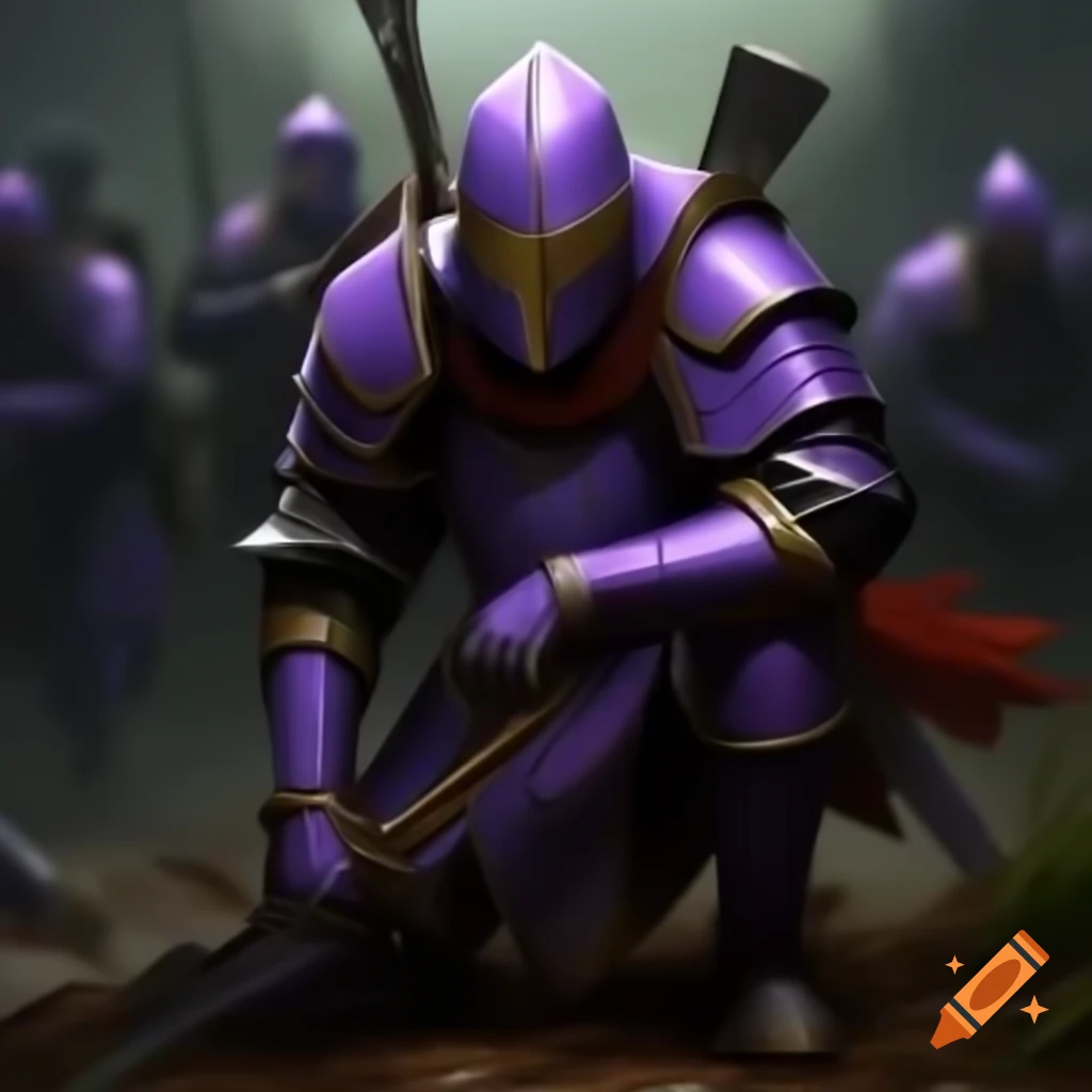 Purple knight in armor kneeling with sword on battlefield, dramatic ...