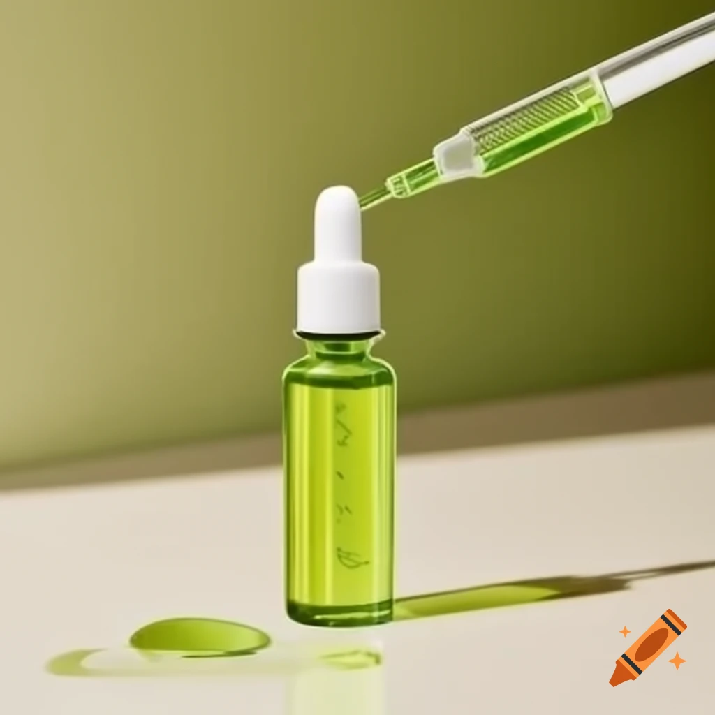 Bright green serum dropper on table with drops underneath on Craiyon