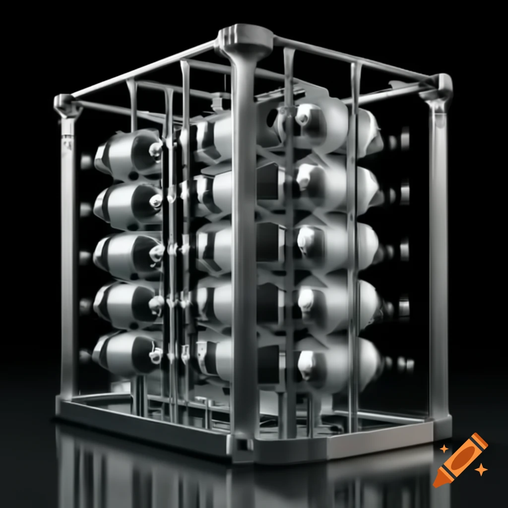 3D rendering of metallic CNG cascade rack with silver cylinders on Craiyon
