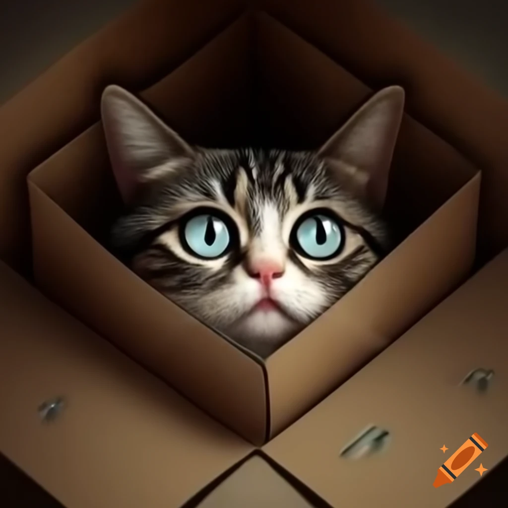 Shy cat in cardboard box with anxious eyes, kawaii style on Craiyon
