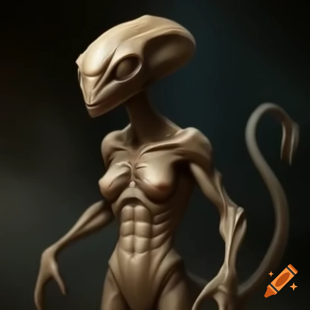 Muscular female anthropomorphic alien striking a pose on Craiyon