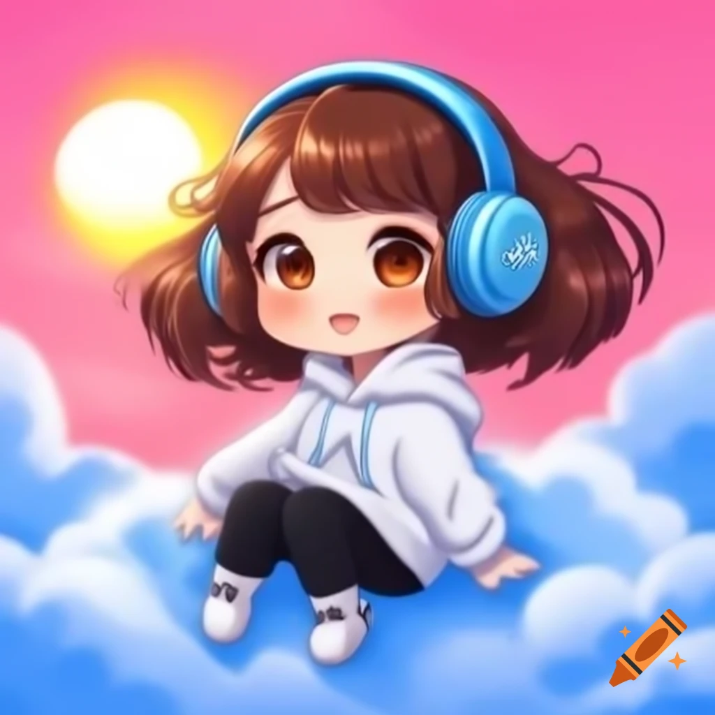 Chibi girl with blue noise cancelling headphones sitting on cloud at ...