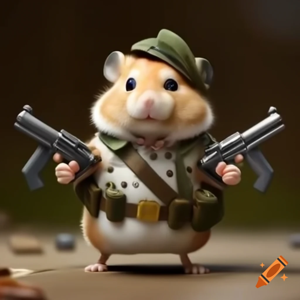 Cartoon hamster in military attire with rivet guns and reflective belt ...