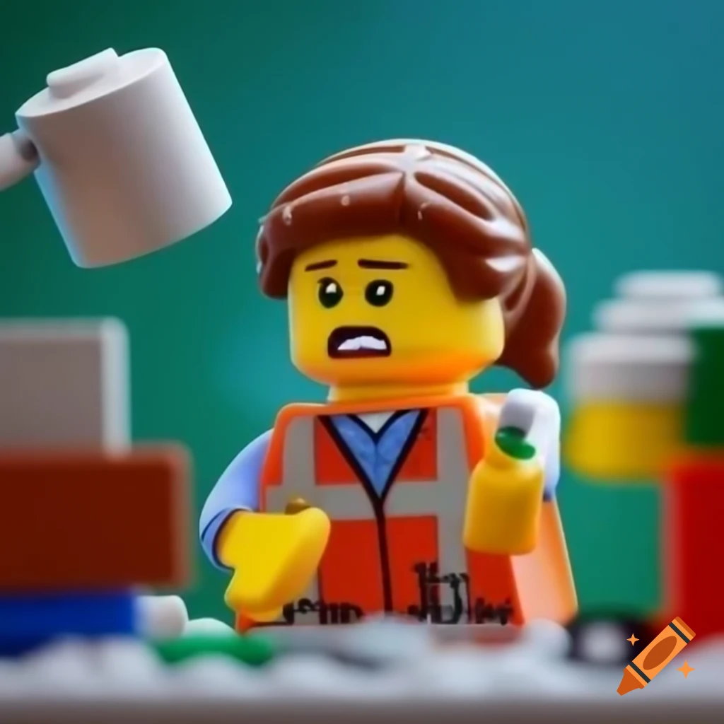 Frustrated Lego figure working with Lego pieces on Craiyon
