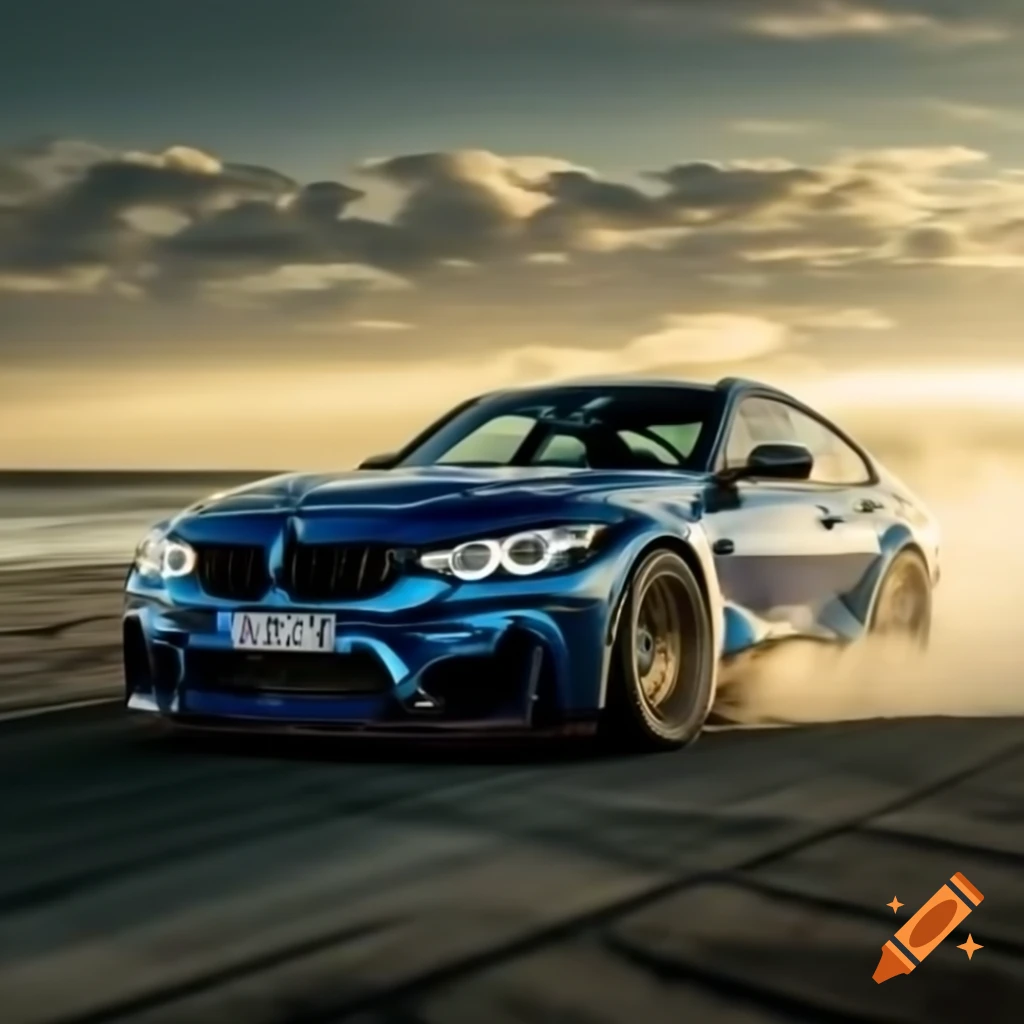 Blue BMW M3 drifting at beachside during golden hour with smoke and ...