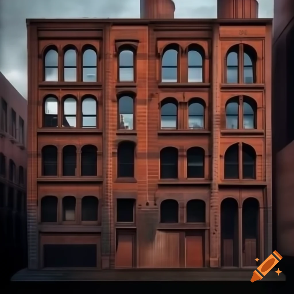 Realistic brick factory building with large windows and smoke stacks ...