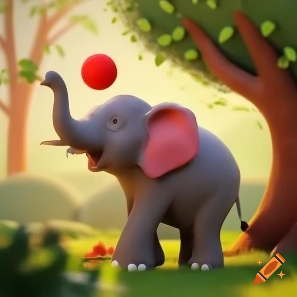 Animated elephant playing with a red ball under a tree on Craiyon