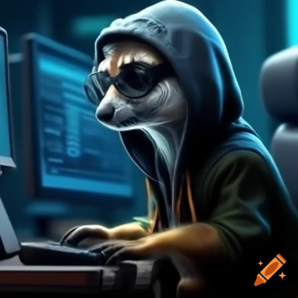 Meerkats in hoodies working on computer in hacker cybersecurity style ...