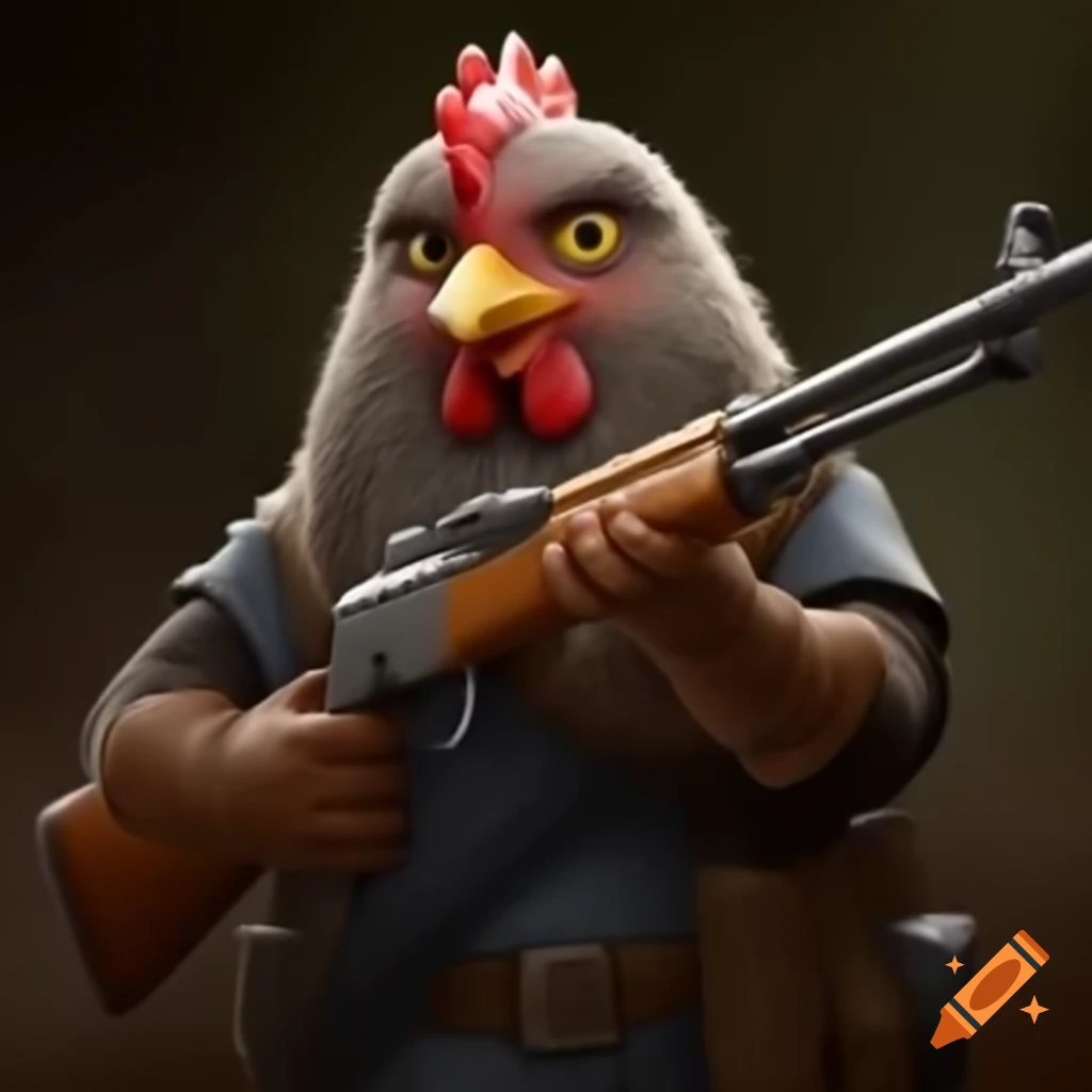 Cartoon chicken with glasses holding a sniper rifle on Craiyon