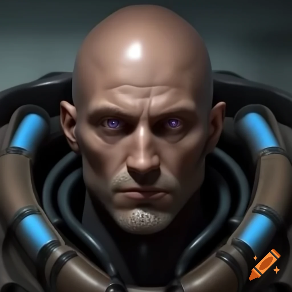 Scarred bald man in futuristic body armor with tubes in neck on Craiyon