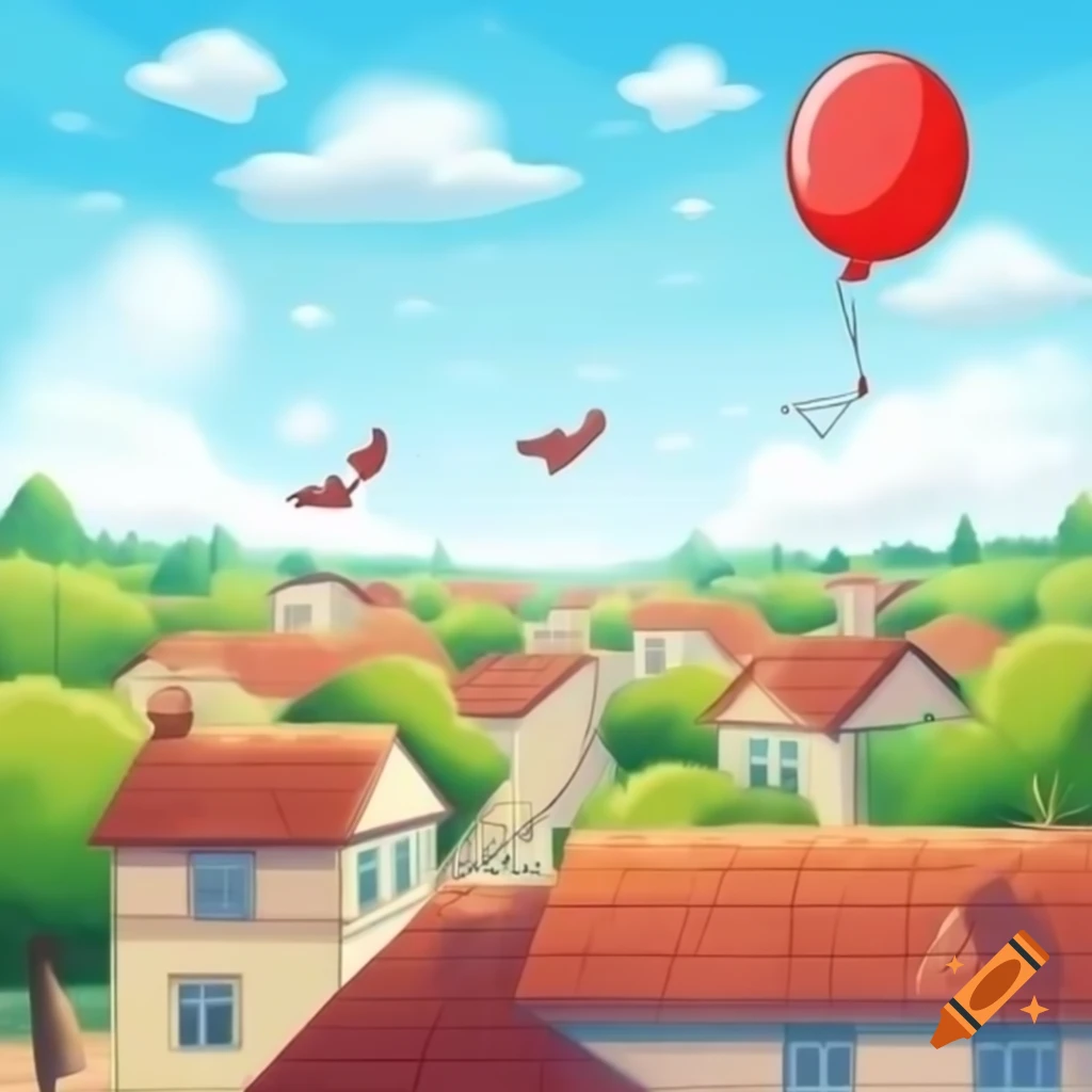 Cartoon red balloon over quaint town with colorful houses and sunny sky ...