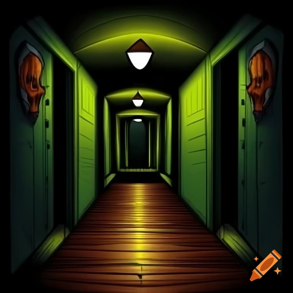 Eerie cartoon hallway with warped floors and unsettling painting on Craiyon