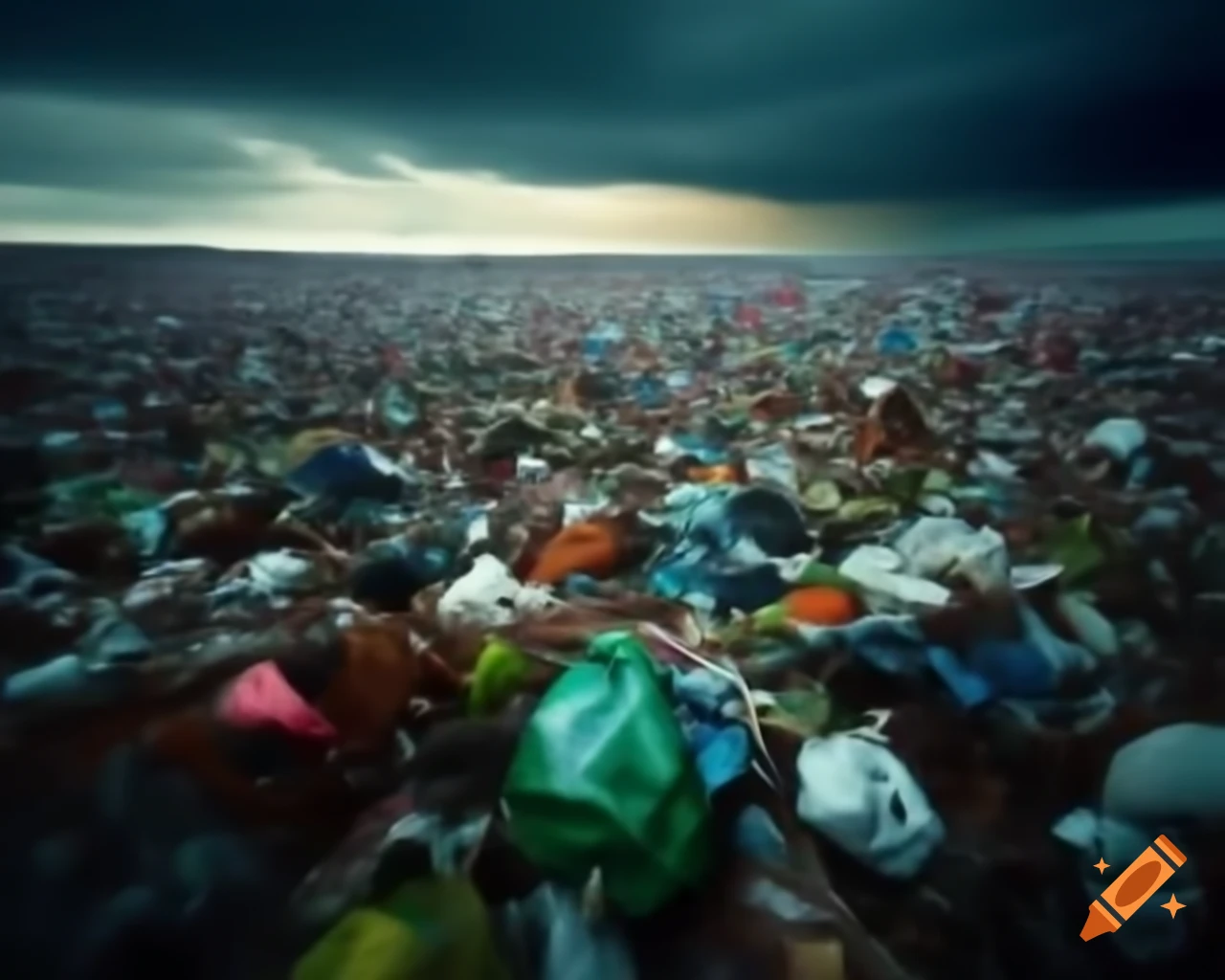 Surreal garbage dump landscape with distorted view and trash mountains ...