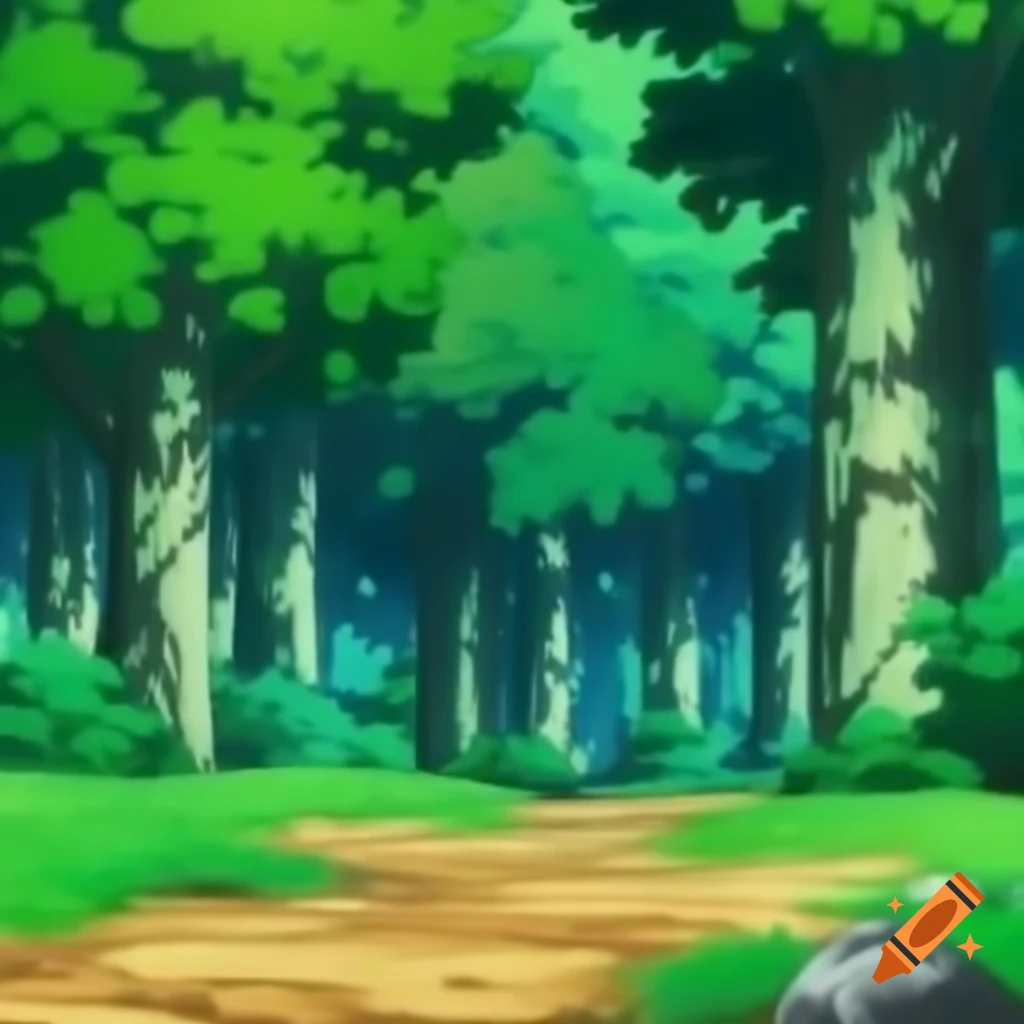 Forest with trees and stone road in anime Pokemon style on Craiyon