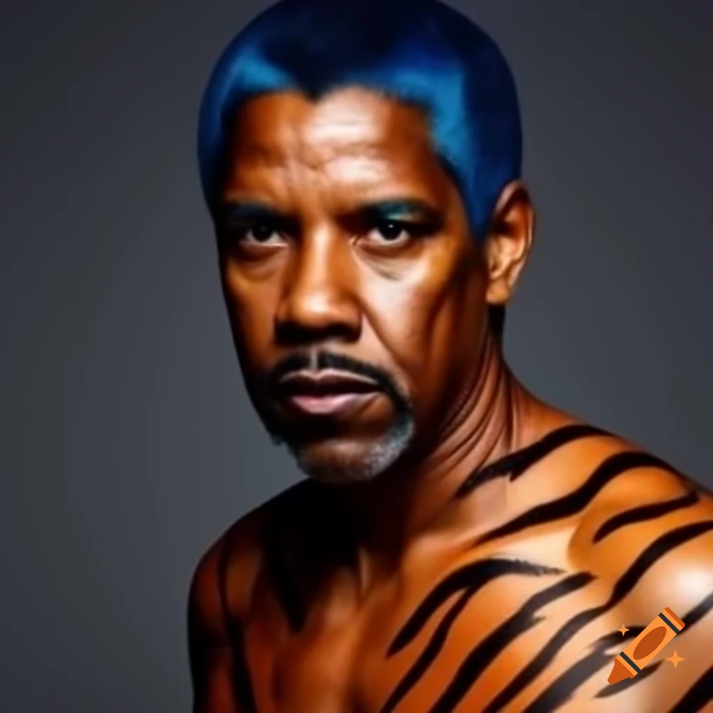 Muscular man with tiger-style makeup, blue hair, and orange skin with ...