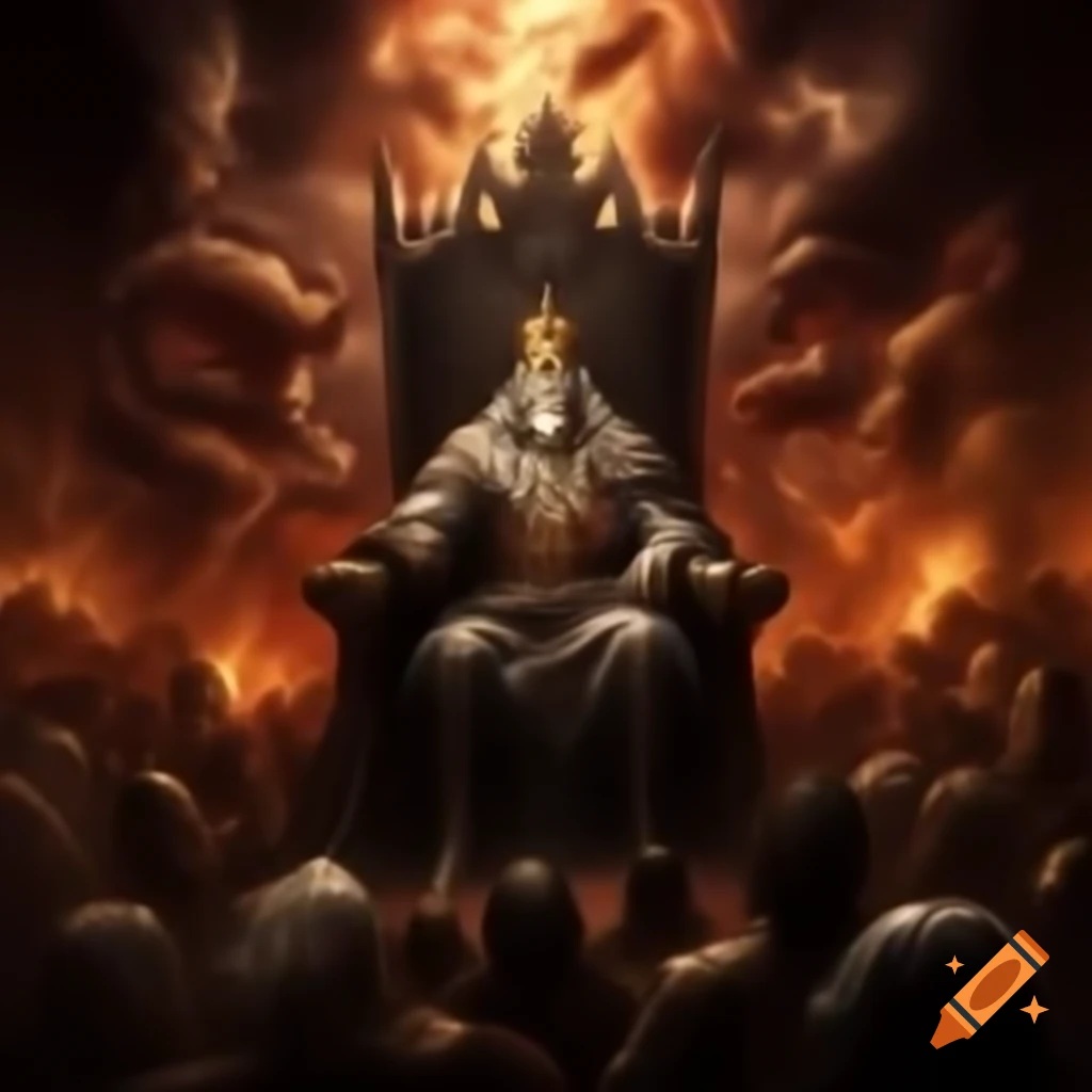 Evil king on throne observing chaos with 'EvilAndy' text above on Craiyon