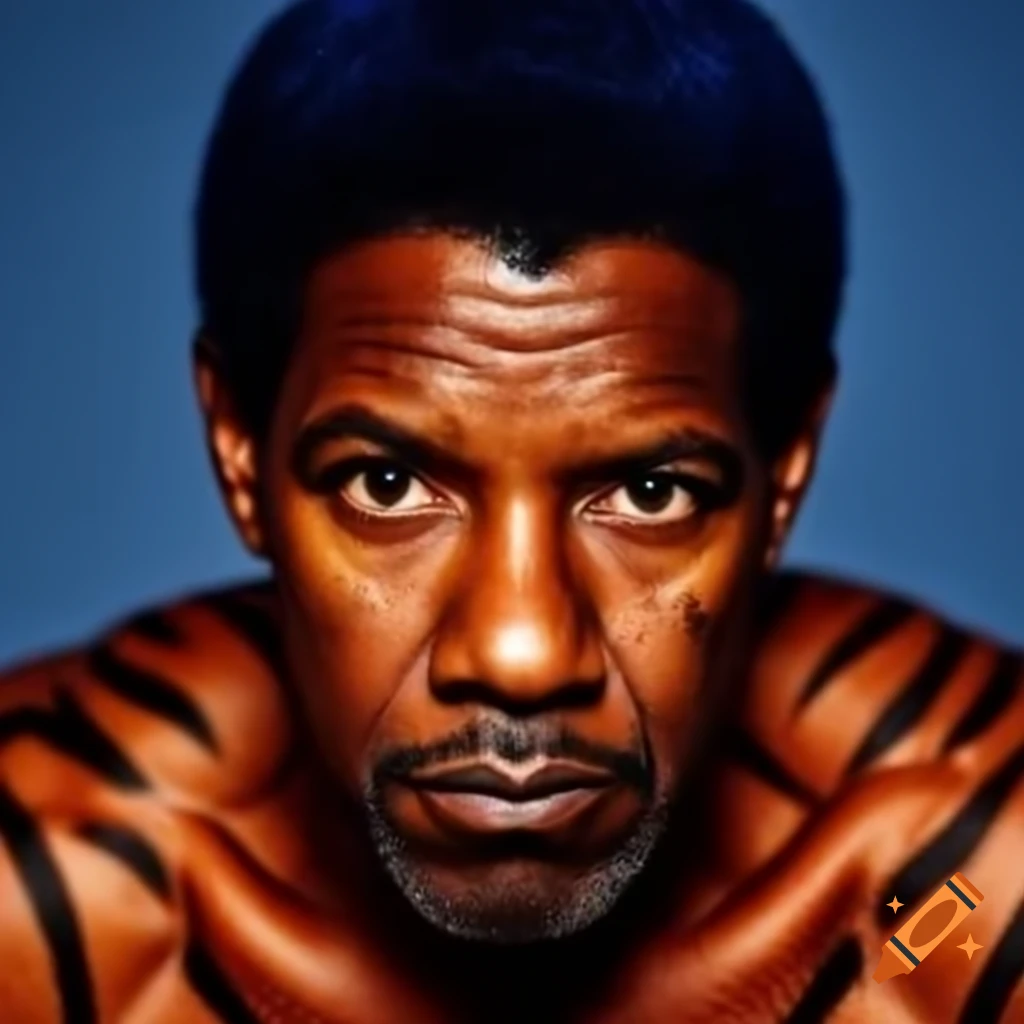 Muscular man with tiger-style makeup, blue hair and orange skin with ...