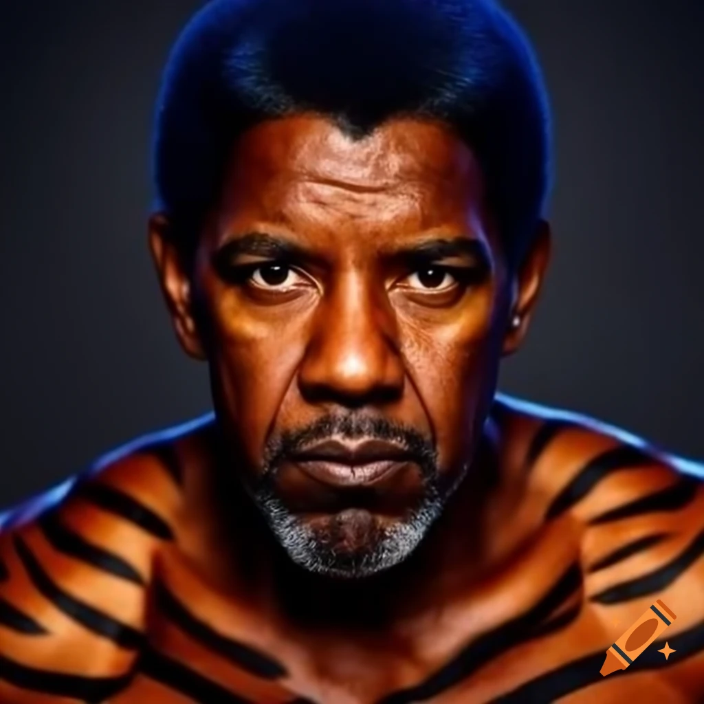 Denzel Washington with tiger-style makeup featuring blue hair and ...