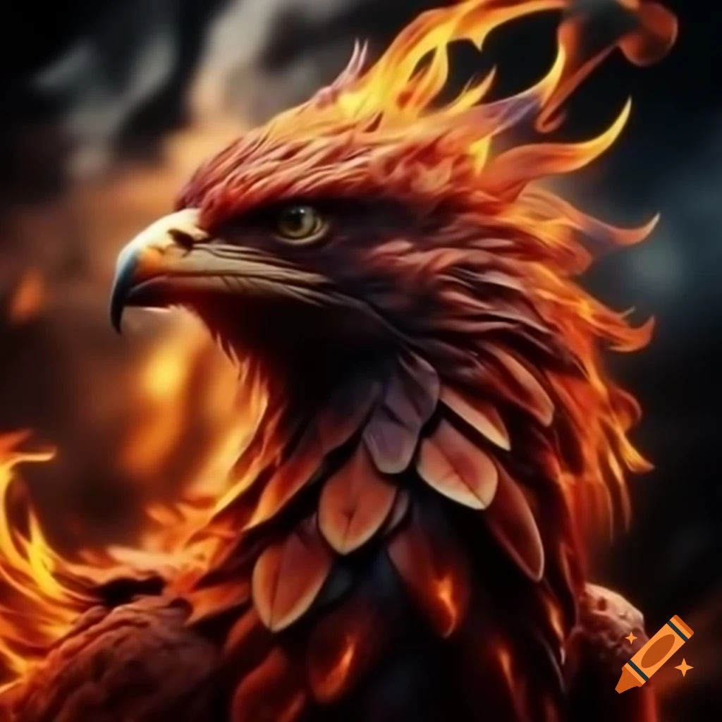 Fierce phoenix surrounded by flames with "CONSUMER BEAUTY" text on Craiyon