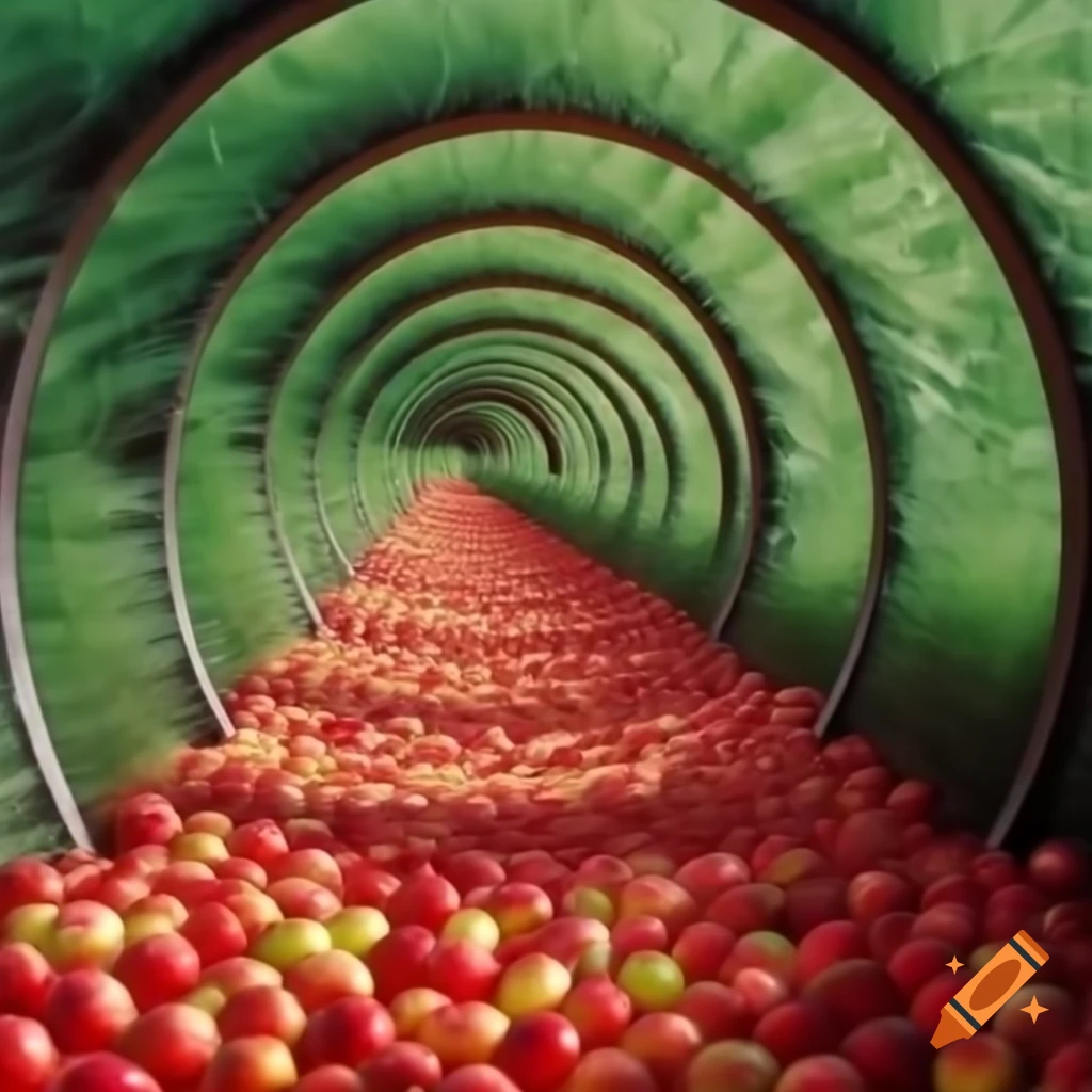 Futuristic metal tunnel with colorful grass and apples on the floor on ...