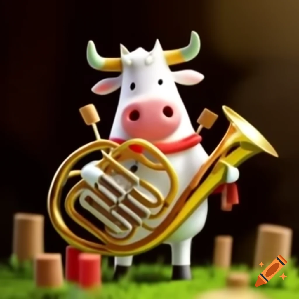 Whimsical cow-like creature playing tuba, joyful scene on Craiyon