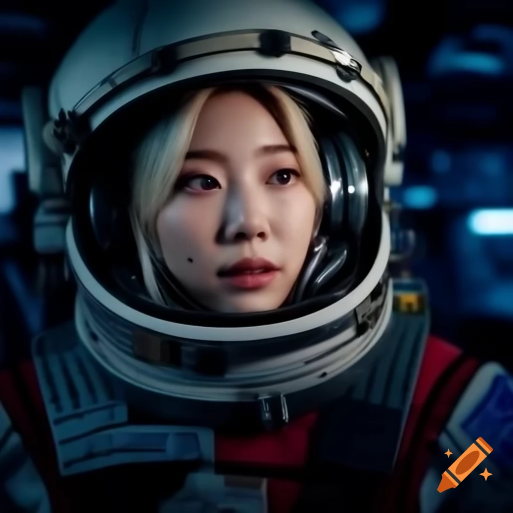 Young woman in spacesuit and helmet inside starship cockpit, highly ...
