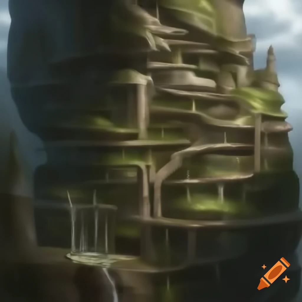 Fantasy city built on rocky wall with cascading structures and terraces ...