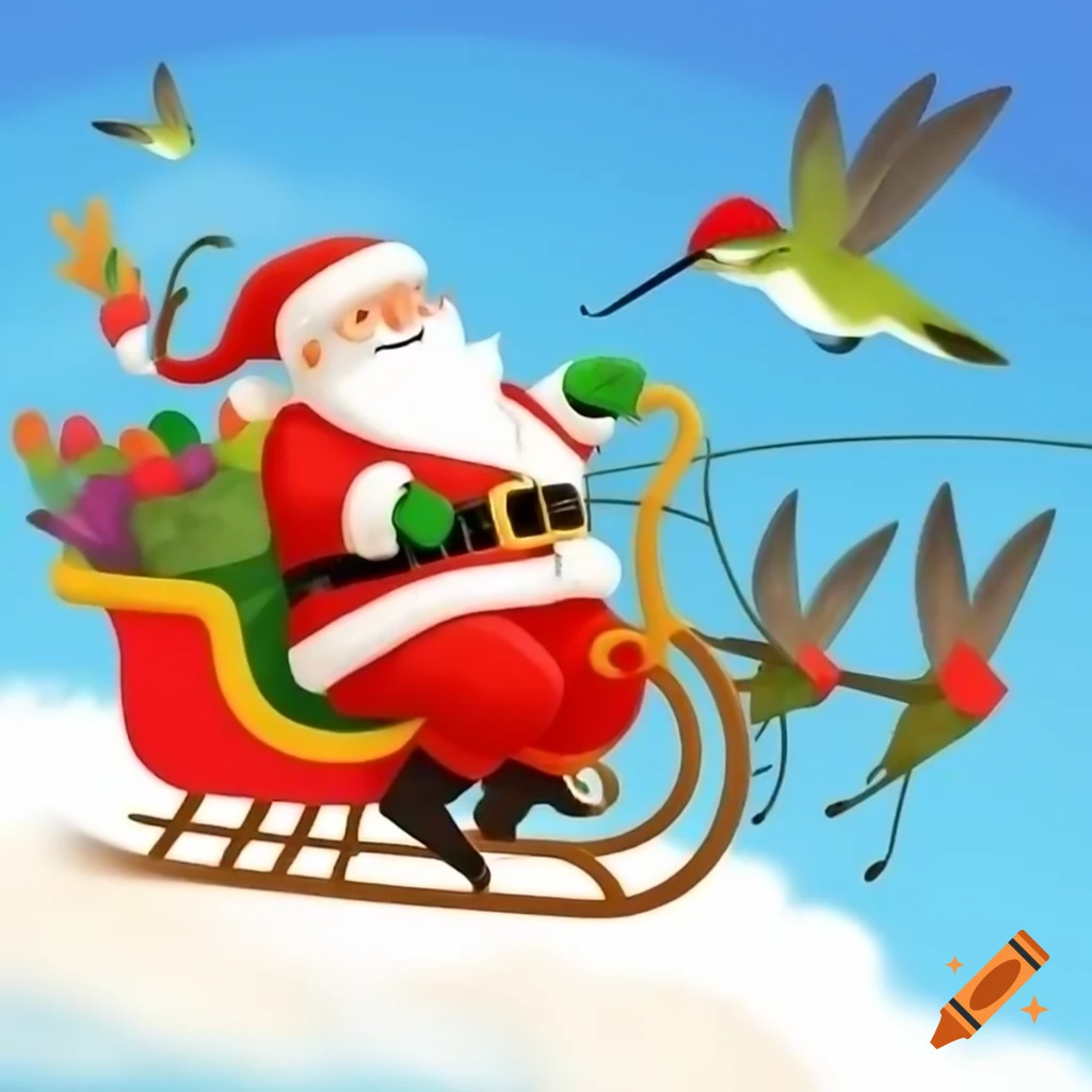 Caribbean Santa in sleigh pulled by hummingbirds over Trinidad and ...