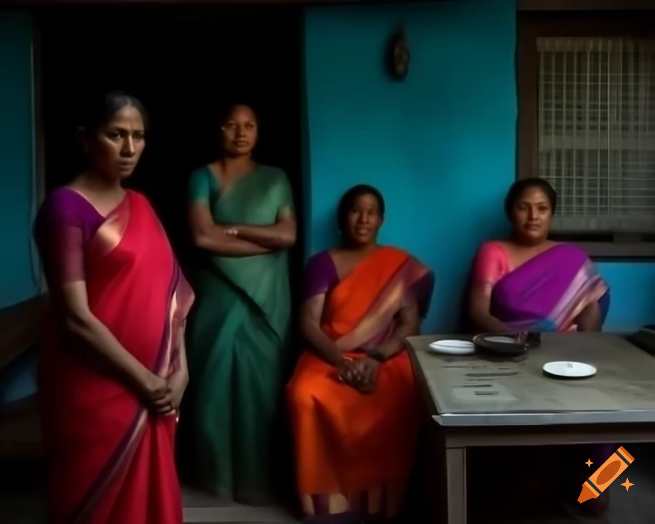 Indian woman in saree standing alone in front of dining table on Craiyon
