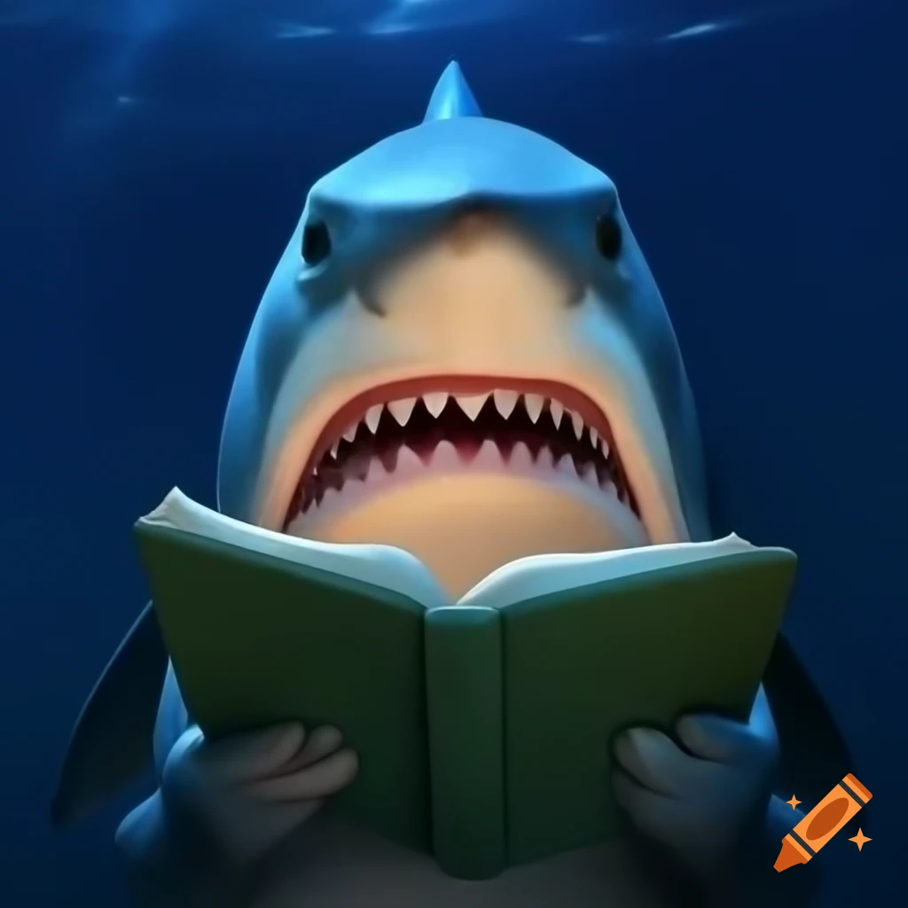 Shark reading a book in a whimsical setting on Craiyon